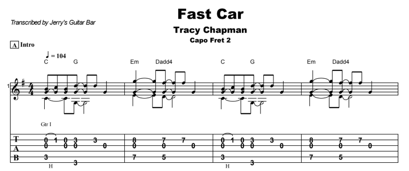 Tracy Chapman - Fast Car Guitar Lesson, Tab & Chords - Jerry's Guitar Bar